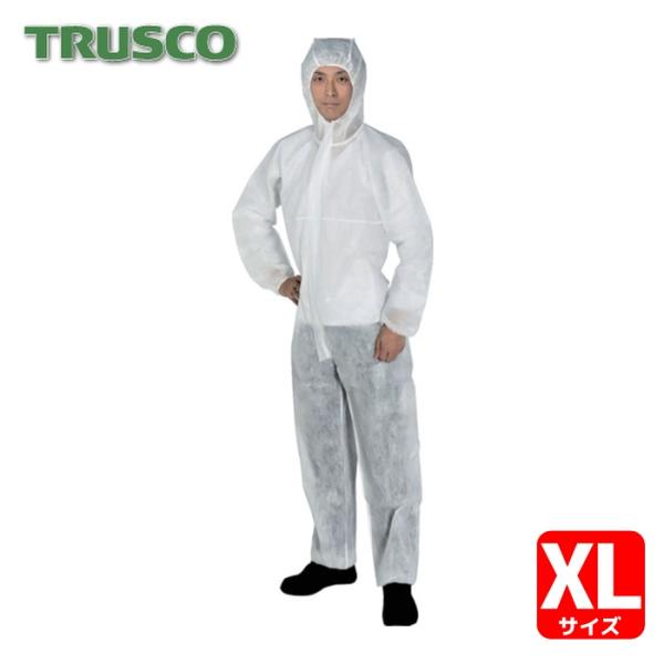 TRUSCO 使い捨て保護服|特長:素材にはエアフィルター等でも使用される、東レ製のポリエステル長繊維不織布アクスター[[R上]]を使用しています。 使用されている素材(不織布)は日本国内で製造されています。 原産国(縫製)はベトナムです。