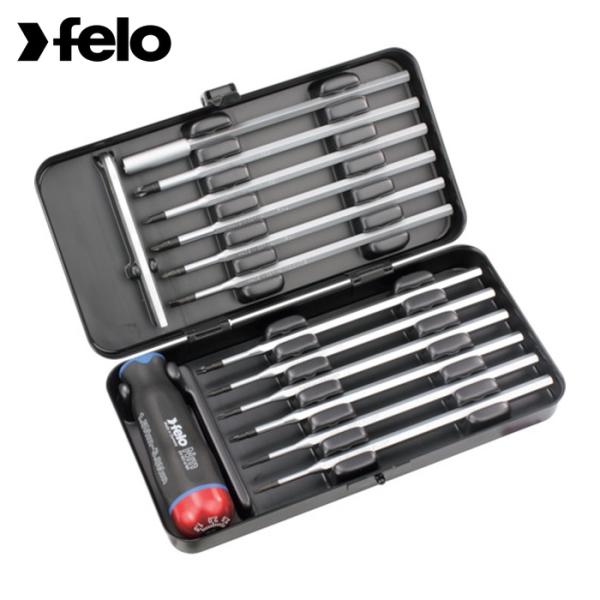 FELO トルクドライバーセット|特長:任意でトルク値を都度設定できるプレセット形です。 エンドキャップ部の目盛りを見ながら設定できるので、特殊な工具は必要ありません。 反対回転(左回り)でボルトを緩める作業にも使用できます。