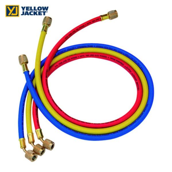 イエロージャケット マニホールドキット用ホース|特長:新冷媒対応の高耐圧構造で、安全な作業ができる高性能ホースです。 防浸用のゴム層と特殊ナイロン層の4層二重防護で、CFC・HCFC・HFCに対応します。 特殊ナイロン層が、水分の浸入による...