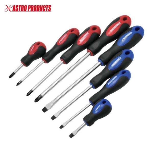 アストロプロダクツ 樹脂柄ドライバーセット|特長:スタンダードタイプの、プラスとマイナスのドライバーセットです。 握りやすく力を掛けやすいグリップ形状で、しっかりとネジを回すことができます。