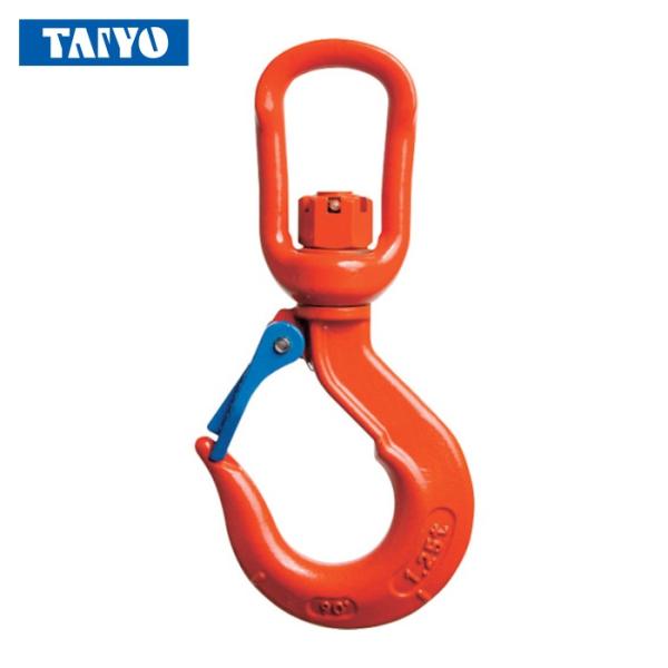 TAIYO フック|特長:Vフックのスイベルタイプです。 スイベル式でスリングの撚りを防止します。 アイ部の拡大でシャックル本体と直接連結可能になります。