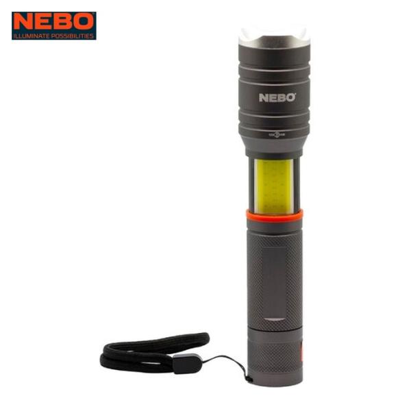 NEBO LED懐中電灯(電池式)|特長:ズーム調節が12倍まで可能です。 5つのライトモードを備えた懐中電灯です。 単4形アルカリ乾電池3本(付属)で、最長22時間の連続点灯が可能です(低モード)。