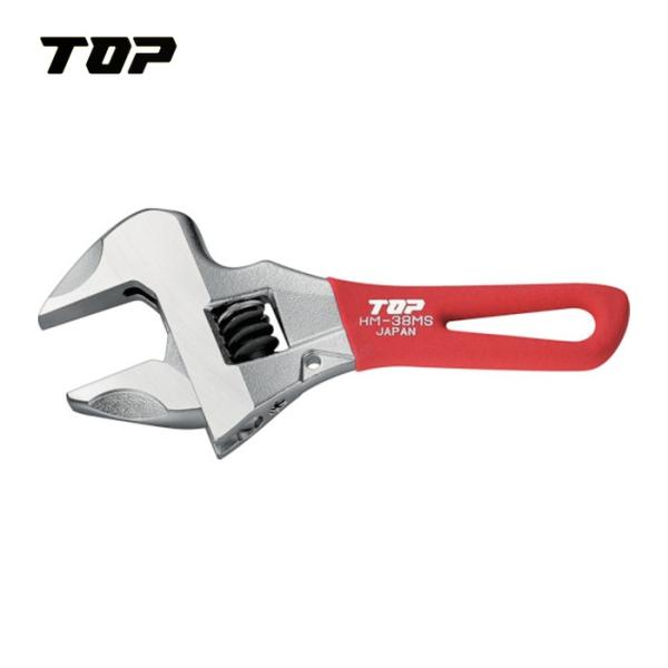 TOP モンキーレンチ|特長:ワイドな口開きです。 ワンランク上のサイズまで開きます。 ガタ無しウォームを搭載しています。