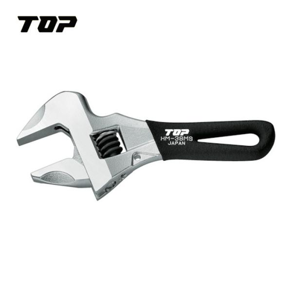 TOP モンキーレンチ|特長:ワイドな口開きです。 ワンランク上のサイズまで開きます。 ガタ無しウォームを搭載しています。
