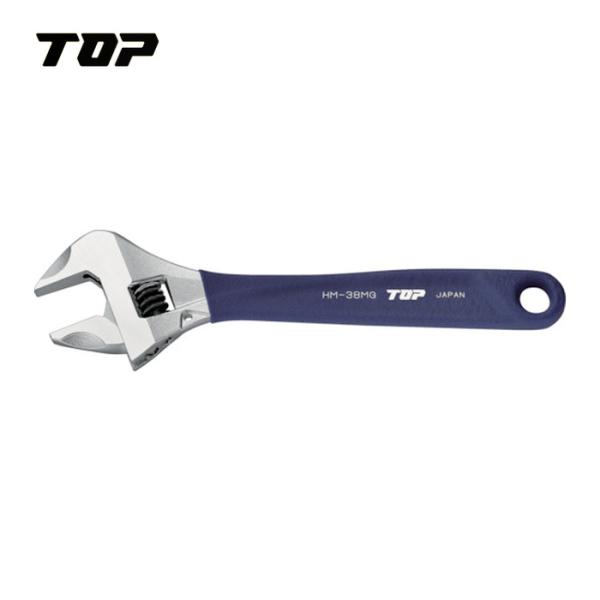 TOP モンキーレンチ|特長:ワイドな口開きです。 ワンランク上のサイズまで開きます。 ガタ無しウォームを搭載しています。