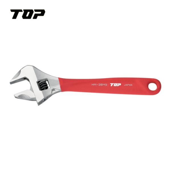 TOP モンキーレンチ|特長:ワイドな口開きです。 ワンランク上のサイズまで開きます。 ガタ無しウォームを搭載しています。
