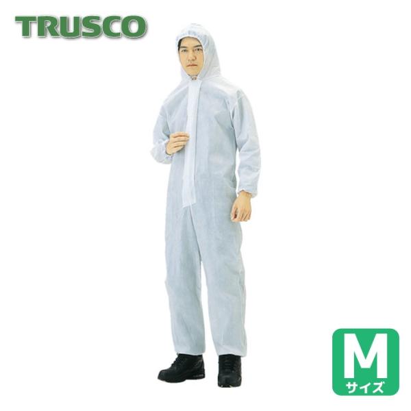 TRUSCO 使い捨て保護服|特長:前部は、表面コートしていますので油汚れやホコリが付きにくく浸透も防ぎます。 背面部は、通気性に優れ蒸れにくくなっています。 焼却処分しても有害ガスが発生しません。