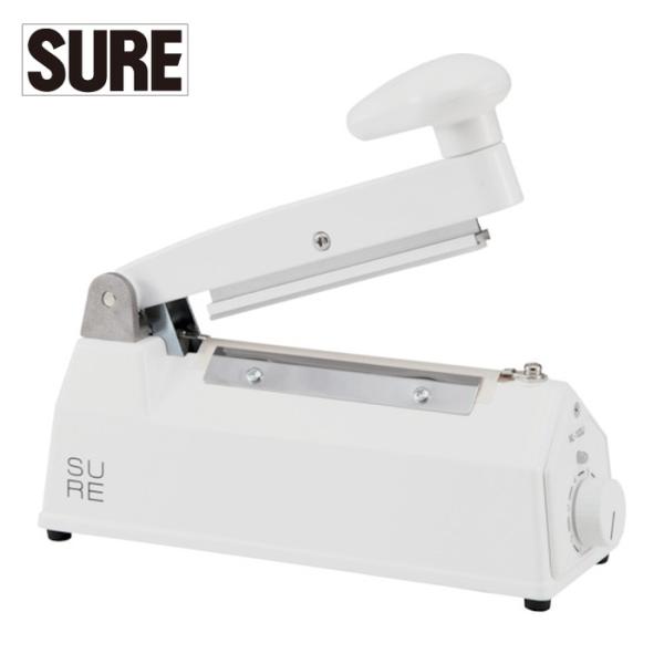 SURE 卓上シーラー|特長:ポリ袋などの軽包装が手軽にできる、卓上の瞬間通電式シーラーです。 高性能ヒーターとトランスを搭載しており様々な素材に対応しています。