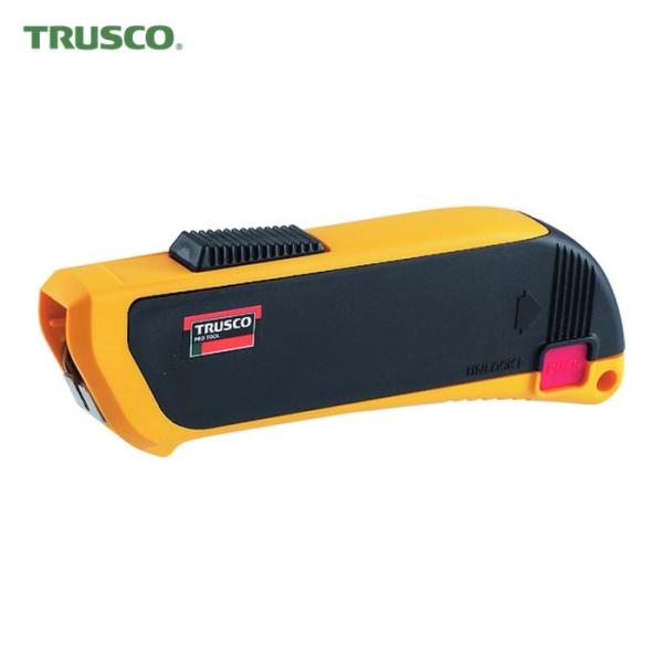 TRUSCO セーフティカッターナイフ|特長:カッターの刃による手や周りの物を傷つけることを防止する安全カッターです。 スライダーを押しっぱなしにした状態であっても保護ガードで刃をカバーし、手やまわりの物を傷つけてしまうことを防止するオート...