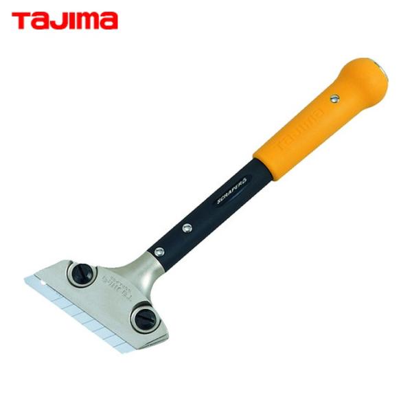 タジマ スクレーパー|特長:ブレード固定に3本のダブルねじを採用、激しい仕事にも対応する替刃式スクレーパーです。 ブレード交換時、脱落による事故を防ぐセーフティーばねを採用しました。 ハンマーで叩ける鋼製グリップエンドを装着しています。
