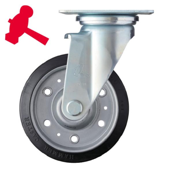 ハンマー プレート式ゴムキャスター|特長:ラジアルボールベアリング入りで回転が軽く、荷重に対する抵抗力も非常に強靭です。