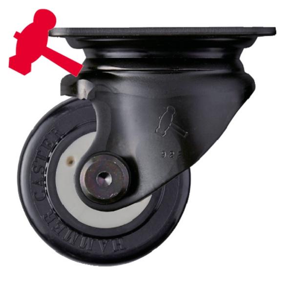 ハンマー プレート式低床式キャスター(ナイロン車)|特長:ナイロン車輪は特殊ナイロンのため、重荷重で長時間固定されても荷重によるゆがみは残りません。