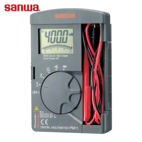 SANWA デジタルテスタ|特長:本体を持ったまま測定できるテスト棒固定機能付です。 テストリードを本体に収納可能です。 CE規格品です。