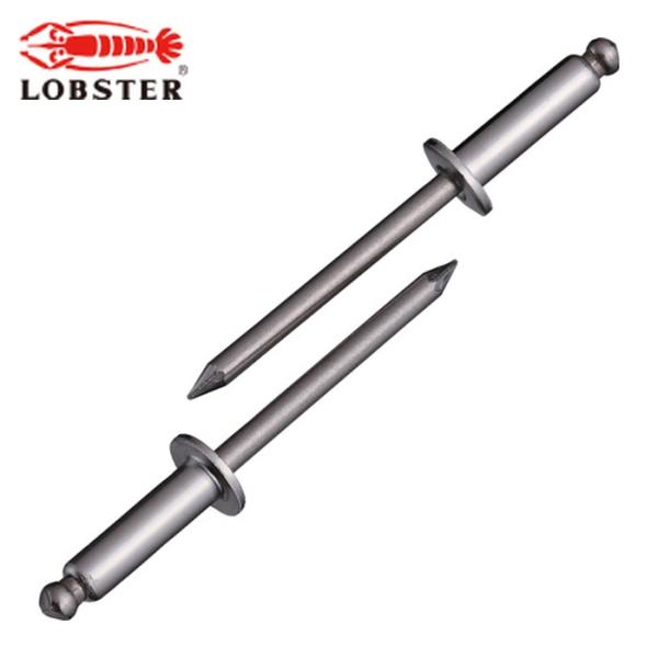 エビ ブラインドリベット|特長:片側から複数の母材をワン・アクションで締結できますので作業の省力化や生産性の向上に貢献します。 マンドレルもボディもステンレス製なので、強度が必要な場所に最適です。