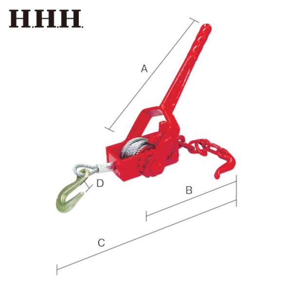 HHH 荷締機|特長:軽い力で作用し、能率的な荷締めができます。 ギアは特殊鋼を使用し強力です。 フック、爪、レバーは特殊鋼鍛造で安全です。