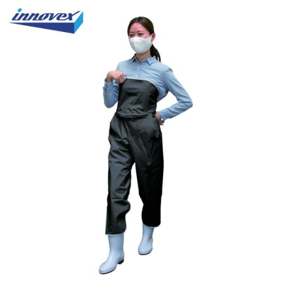 Innovex エプロン|特長:両足セパレートタイプで足にまとわりつかず、歩行作業に適しています。 肩ひもがなく、腰にフィットさせるだけのワンタッチ着脱式です。 強力ナイロンフィラメントを織らないまま、ウエーブ状に配列して、両面より特殊配合...