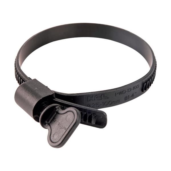 HCL ホースバンド|特長:工具不要で簡単に締め付けられます。 特殊な折り目をつけたケーブルは、真円に近い形で締付けられるので漏れの心配が少ないです。 樹脂製なので錆の心配がありません。