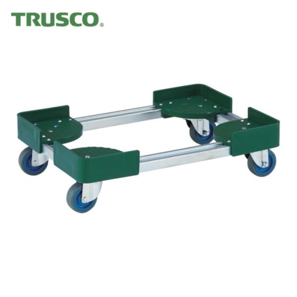 TRUSCO コンテナ台車(伸縮式)|特長:キャスターが省音タイプですので、音を嫌う場所での搬送に便利です。 10mmピッチで自由に寸法の調節ができます。 コーナー樹脂の表面には、滑り止めの用の凹凸がついています。