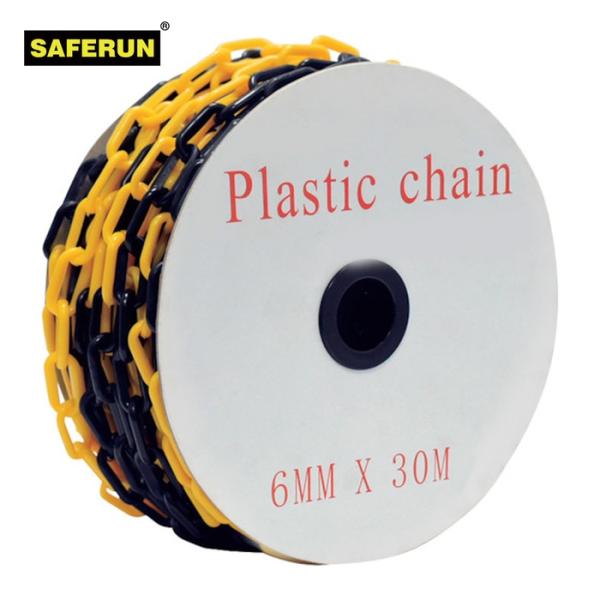 セーフラン プラチェーン|特長:丈夫で軽量、汎用性の高い雑用プラスチックチェーンです。 工具などで簡単にカットしてご使用いただけます。 黄黒(トラ)カラーで警告を明示します。