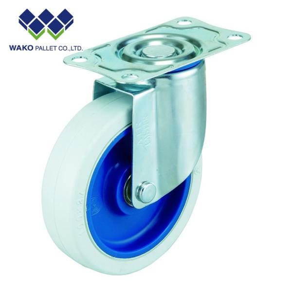 ワコーパレット プレート式ゴムキャスター|特長:車輪にホワイトゴムを採用し、床面の汚れを防止しながらもゴム車輪の使いやすさを両立しました。 超特殊鋼フレームにより軽量と高耐久を実現しました。 クリーンルーム内などでのご使用に最適です。