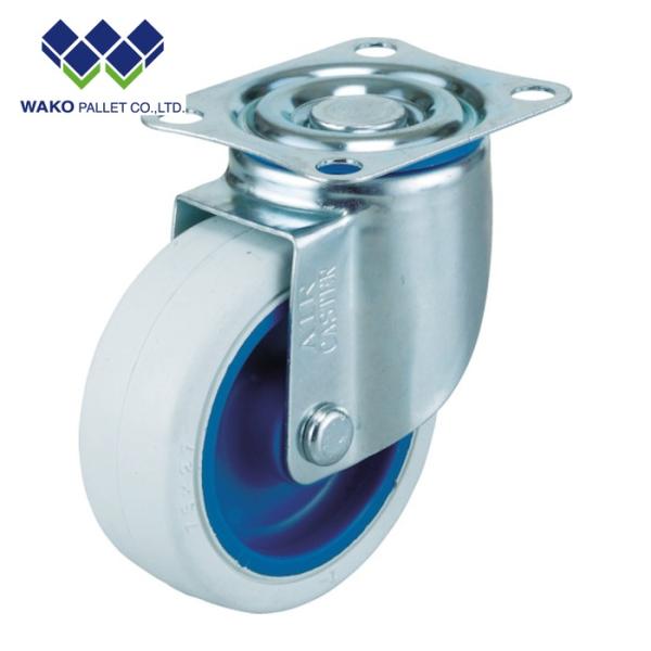 ワコーパレット プレート式ゴムキャスター|特長:車輪にホワイトゴムを採用し、床面の汚れを防止しながらもゴム車輪の使いやすさを両立しました。 超特殊鋼フレームにより軽量と高耐久を実現しました。 クリーンルーム内などでのご使用に最適です。
