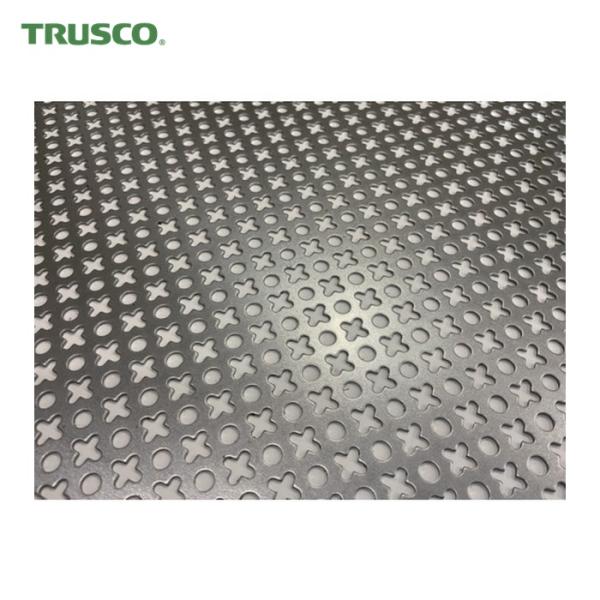 TRUSCO パンチングメタル|特長:パンチングプレスの金型で規則的に孔を開けた金属板です。 表面が平面であるため、耐摩耗等の耐久性が高く目が崩れることもありません。 450mm角サイズにカットされています。