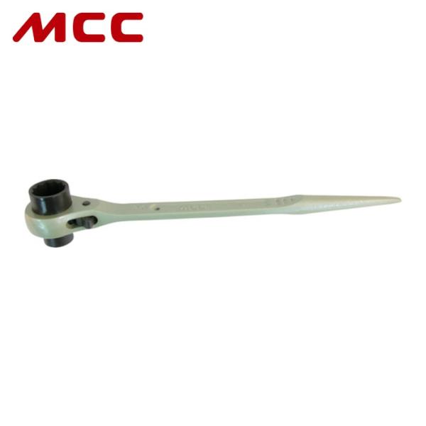 MCC 両口ラチェットレンチ|特長:正逆は切り替え爪式です。 ソケットは安心の一体構造鍛造品です。 ハンドル先端は、鉄骨の穴合わせやワイヤロープの広げができます。