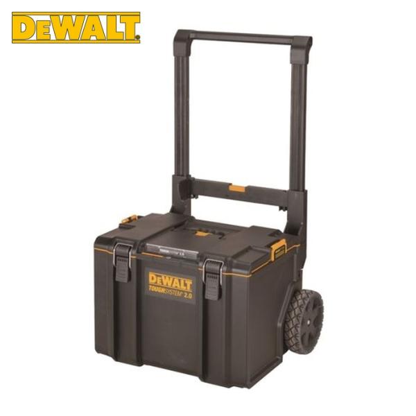 DEWALT システムボックス|特長:駆動性・制御性・排水性に優れたキャリーと伸縮ハンドルに、大容量ツールボックスを一体化。 上部には、シリーズ製品や荷物を搭載し運搬可能なモバイルツールボックス。