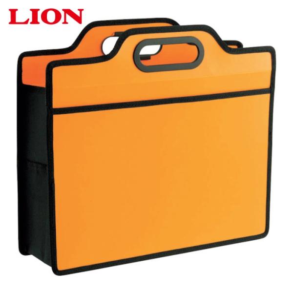 ライオン 書類用バッグ|特長:側面が布製で使わないときは折りたためる社内移動用バッグです。 両側面にはペンや携帯電話などの小物収納に便利な布製ポケット付です。 正面にはクリアホルダーやパンフレットなどを収納できる薄型ポケット付です。