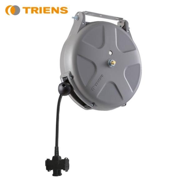 TRIENS 取付型自動巻取リール|特長:接地付三ツ口コンセントコードリールです。 着脱が容易な取り付けベースを採用しました。 必要に応じた首振り機能付です。