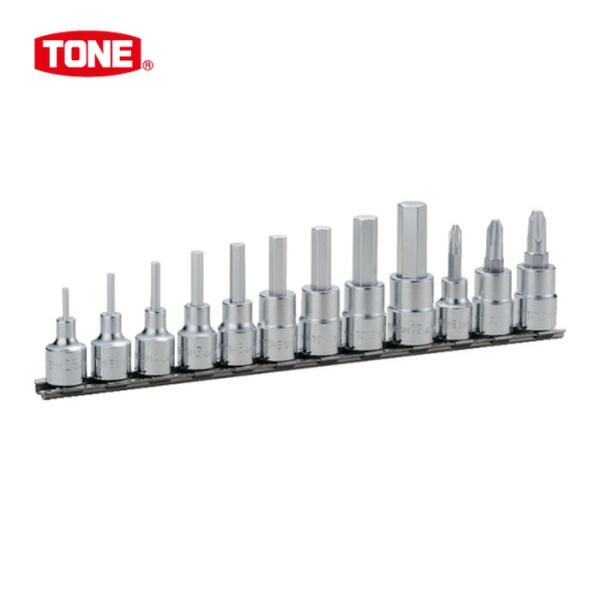 TONE ヘキサゴンソケットセット|特長:ラチェットハンドルに差し込んで使用することにより六角穴付ボルトの締め付けがすばやく行えます。 ソケットの取り外しが容易なアルミタイプのソケットホルダで作業効率がアップします。
