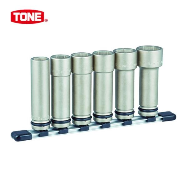 TONE インパクト用ソケットセット|特長:外観品質の向上と防錆力向上を図り、表面処理を無電解メッキにしました。 ソケットの取り外しが容易なアルミタイプのソケットホルダで作業効率がアップします。