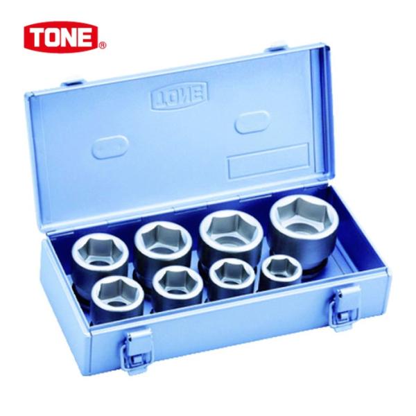 TONE インパクト用ソケットセット|特長:外観品質の向上と防錆力向上を図り、表面処理を無電解メッキにしました。 ピン・リングの付いたインパクト用ソケットをそのまま収納可能です。 樹脂トレーに比べ、優れた耐久性・環境性です。