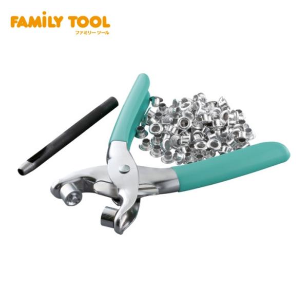ファミリーツール ハトメパンチ|特長:片面5MM(#300)の専用プライヤーと、ハトメ玉・ポンチのセットです。