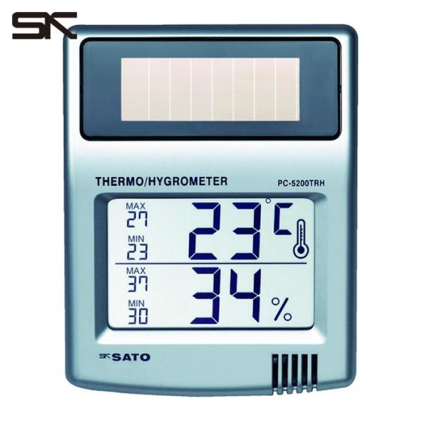佐藤 温湿度計(デジタル)|特長:ソーラー電池を電源に使用、室内の温度・湿度・最高最低温湿度を常時表示します。 ソーラー電池だけでなく暗い環境での使用にボタン電池も装備しています。