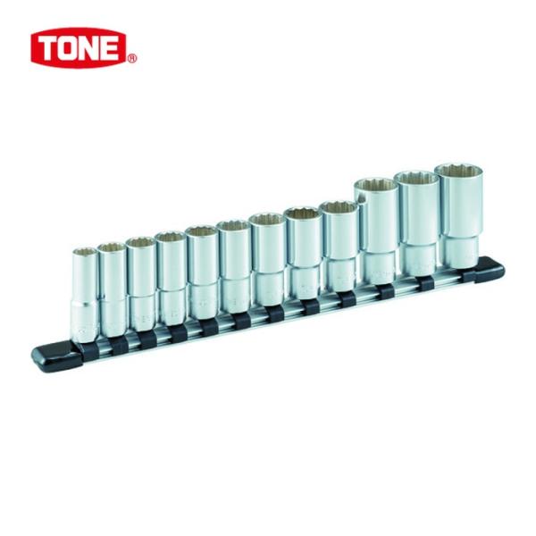 TONE ソケット(ディープ・セミディープタイプ)|特長:ソケットの取り外しが容易なアルミタイプのソケットホルダで作業効率がアップします。 ねじ穴付で壁掛け、デスク固定が可能です。 産業機械・自動車などの整備に必要な工具を厳選したセットです。