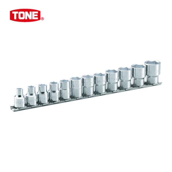 TONE ソケットセット(インチ)|特長:ソケットの取り外しが容易なアルミタイプのソケットホルダで作業効率がアップします。 ねじ穴付で壁掛け、デスク固定が可能です。 産業機械・自動車などの整備に必要な工具を厳選したセットです。