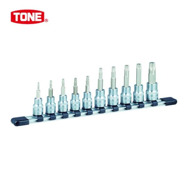 TONE ヘックスローブソケットセット|特長:強力タイプのトルクス[[R下]]ソケットです。 早回しに便利なローレット加工仕上げです。 ソケットの取り外しが容易なアルミタイプのソケットホルダで作業効率がアップします。