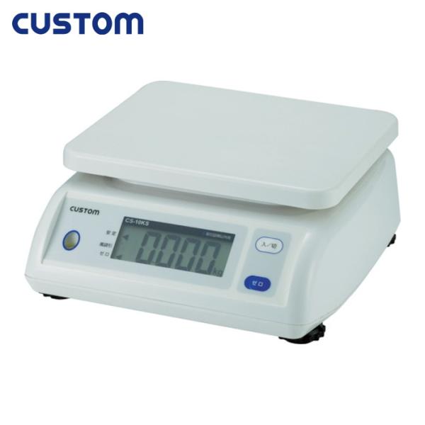 CUSTOM 防じん・防水型デジタルはかり|特長:上から水をこぼしても安心なシャワープルーフ(防滴)はかりです。 重力加速度16エリア設定可能です。 水準器・風袋機能付です。