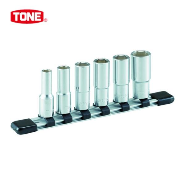 TONE ソケット(ディープ・セミディープタイプ)|特長:ソケットの取り外しが容易なアルミタイプのソケットホルダで作業効率がアップします。 ボルトが突き出したナットを回すのに最適です。 産業機械・自動車などの整備に必要な工具を厳選したセットです。