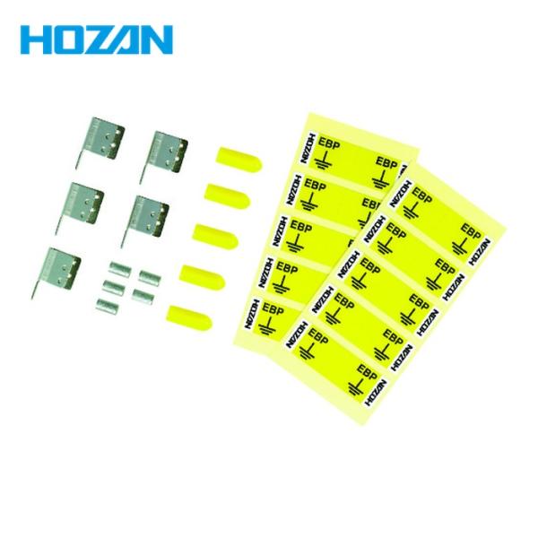 HOZAN 静電気対策接地用品|特長:アース端子と接続用圧着端子、アースシールのセット品です。 簡単にお好きな長さのアース線をつくることができます。 (アース線は別売)。
