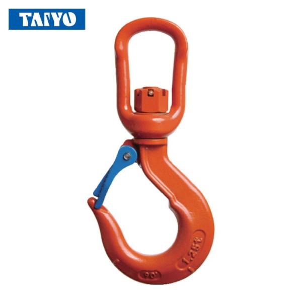 TAIYO フック|特長:Vフックのスイベルタイプです。 スイベル式でスリングの撚りを防止します。 アイ部の拡大でシャックル本体と直接連結可能になります。