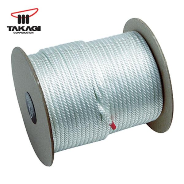 高木 ロープ(ナイロン)|特長:合繊ロープの中で最も強度があり、摩擦にも強いです。 耐熱性にも優れています。 強度は3つ打に比べ30%程度低下しますが、しなやかで手ざわりが良く、キンク(ねじれ)しにくいロープです。