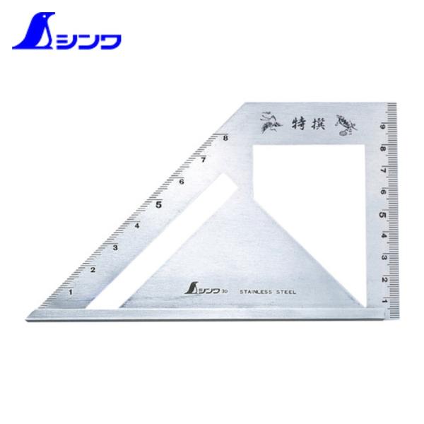 シンワ 止め型スコヤ|特長:止型スコヤは止型定規と完全スコヤの2役になります。 片面で左右45°の墨付けができます。
