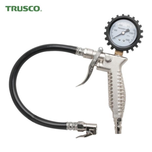 TRUSCO タイヤゲージ|特長:タイヤ空気圧の測定・増圧・減圧ができます。 リリースボタン付きで、空気を入れすぎた場合も簡単に空気圧を調整できます。 タイヤのバルブにはクリップチャックで接続するので、充填中にチャックを押しあてておく必要が...