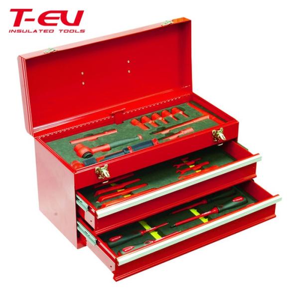Tech-EV 絶縁工具セット|特長:Tech・EVシリーズのフルセットです。 低電圧作業、及び電気自動車(HV)やハイブリット自動車のバッテリーの脱着や板金作業など様々な作業に対応できるセットです。 専用型抜きフォーム付です。