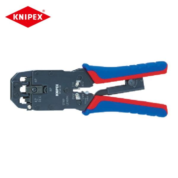 KNIPEX 手動圧着工具|特長:平行に力を加えますので確実に圧着できます。 長さ6mmおよび12mm切断用のカッターとケーブル分解用ナイフを装備しています。
