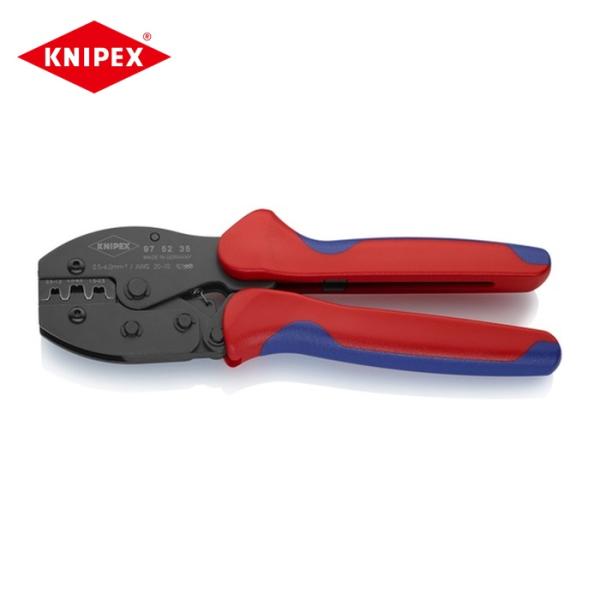 KNIPEX 手動圧着工具|特長:最適なハンドル位置、軽量なボディー、ショートタイプのデザイン、人間工学に基づいたハンドル形状により大変作業しやすくなっています。 精密な圧着ダイスと強制ロック(解除可能)により、安定した圧着作業ができます。
