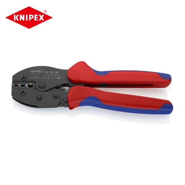 KNIPEX 手動圧着工具|特長:最適なハンドル位置、軽量なボディー、ショートタイプのデザイン、人間工学に基づいたハンドル形状により大変作業しやすくなっています。 精密な圧着ダイスと強制ロック(解除可能)により、安定した圧着作業ができます。