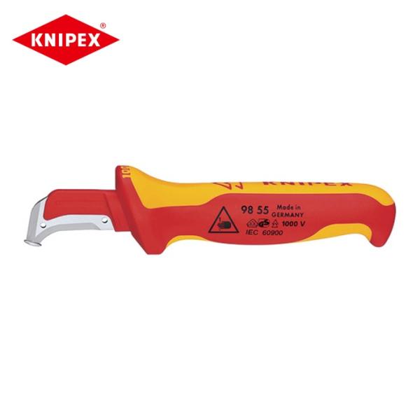KNIPEX 絶縁ナイフ|特長:ガイドシューにより、導線を傷つけず作業できます。 固定タイプの鎌形フックブレードです。 人間工学に基づいた安全ハンドル仕様です。